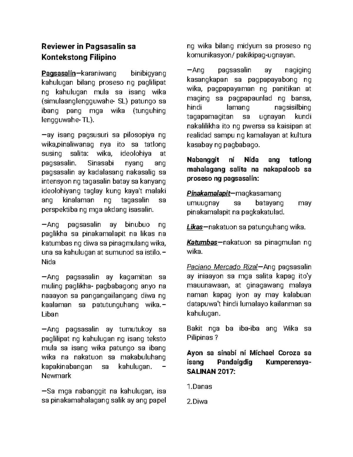 Reviewer sa Pagsasalin sa Kontekstong Filipino: Mga Batayan at Teorya ...