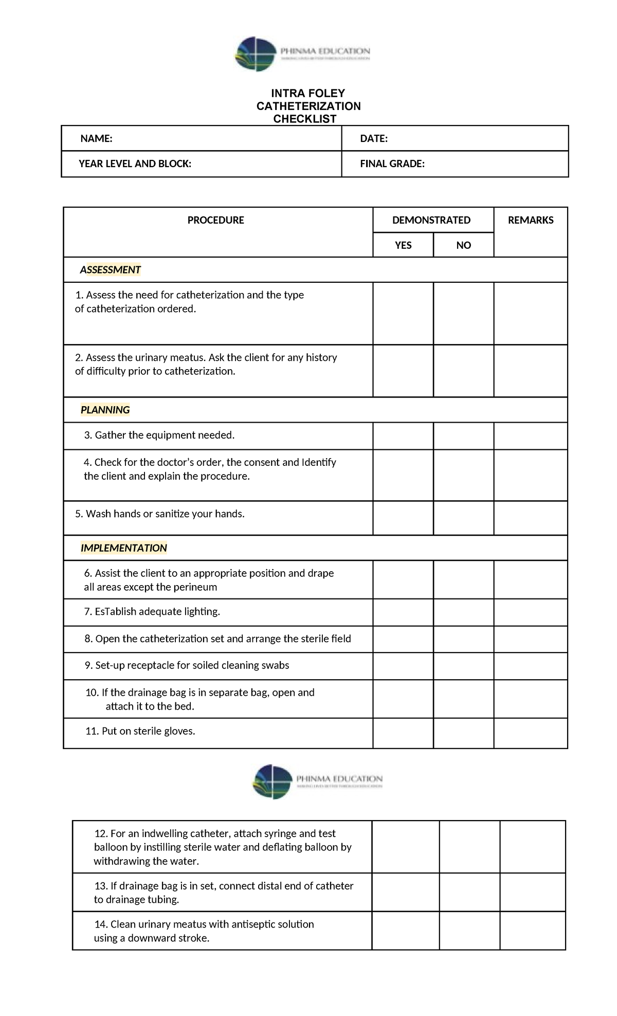 IFC Checklist - INTRA FOLEY CATHETERIZATION CHECKLIST NAME: DATE: YEAR ...