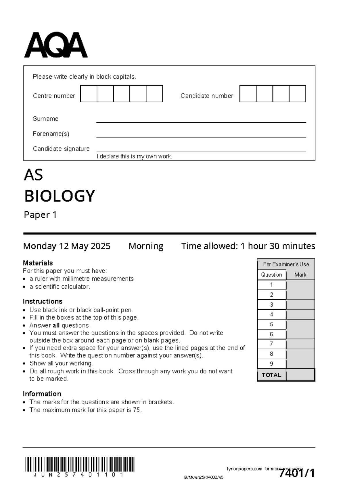 AQA AS Level Biology Paper 1 June 2025 Question Paper - Studocu