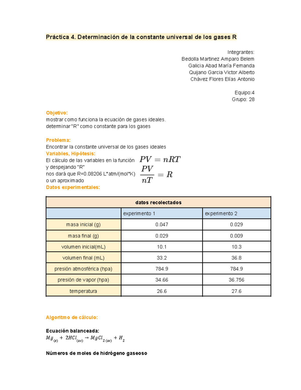 Práctica 4: Determinación de la Constante Universal de los Gases R ...