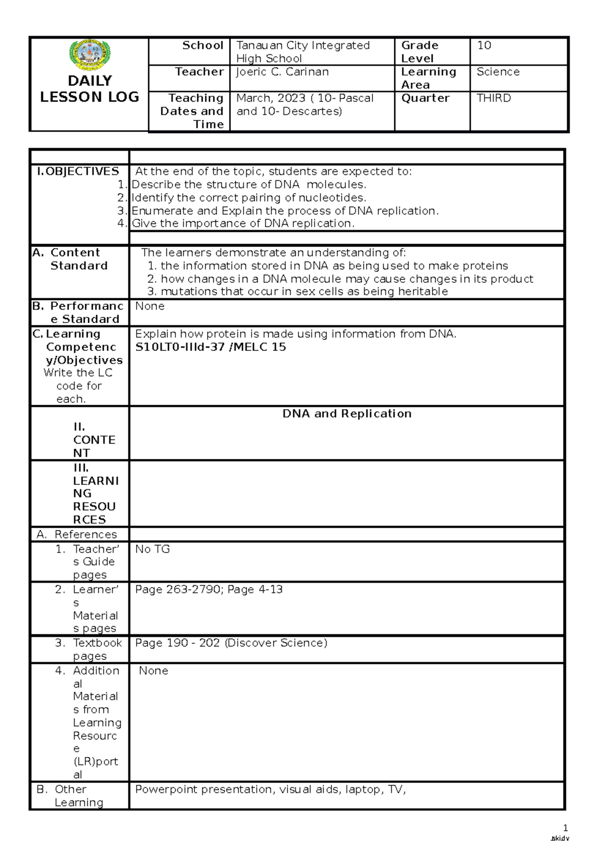 DNA Structure and Replication: Lesson Plan for 10-PSA & 10-DST - Studocu