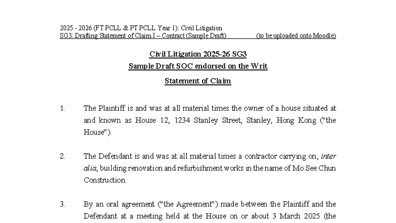 2025 2026 (FT PCLL PT PCLL Year 1): Civil Litigation SG3 - Sample Draft ...