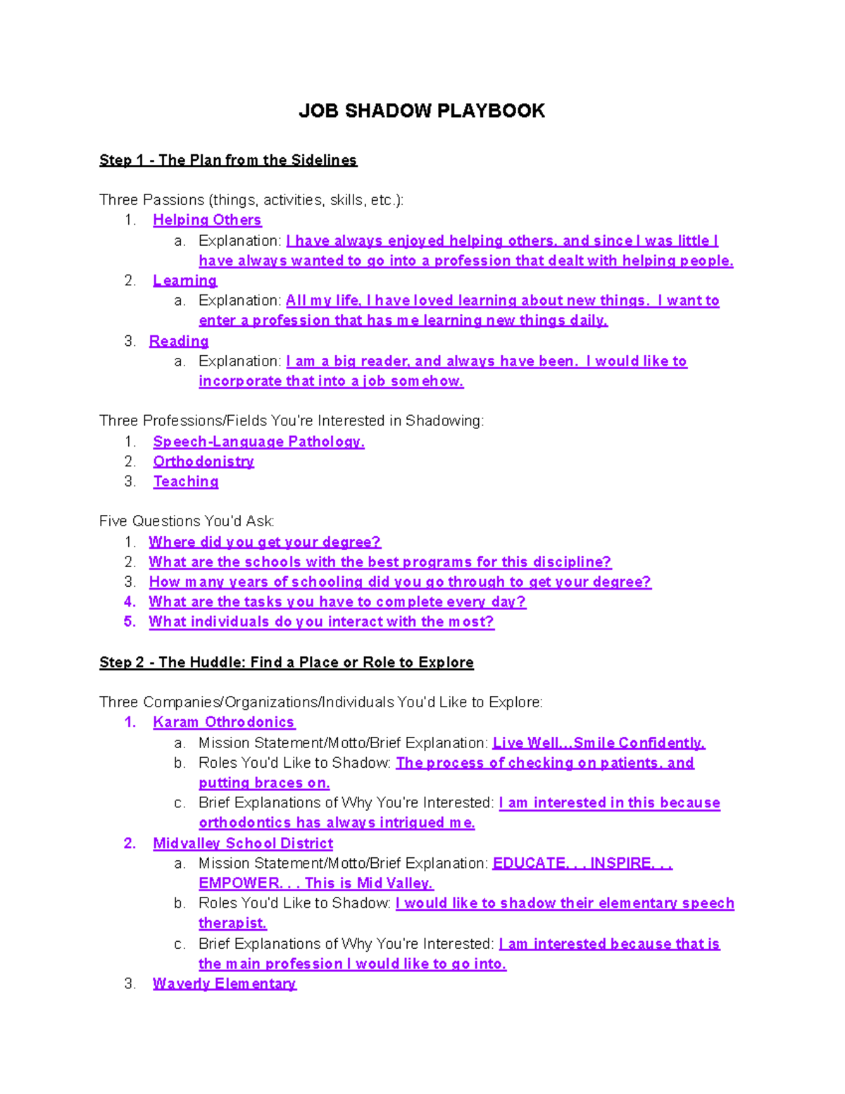 Olive O'Rourke - 24-25 Job Shadow Playbook Guide and Template - Studocu