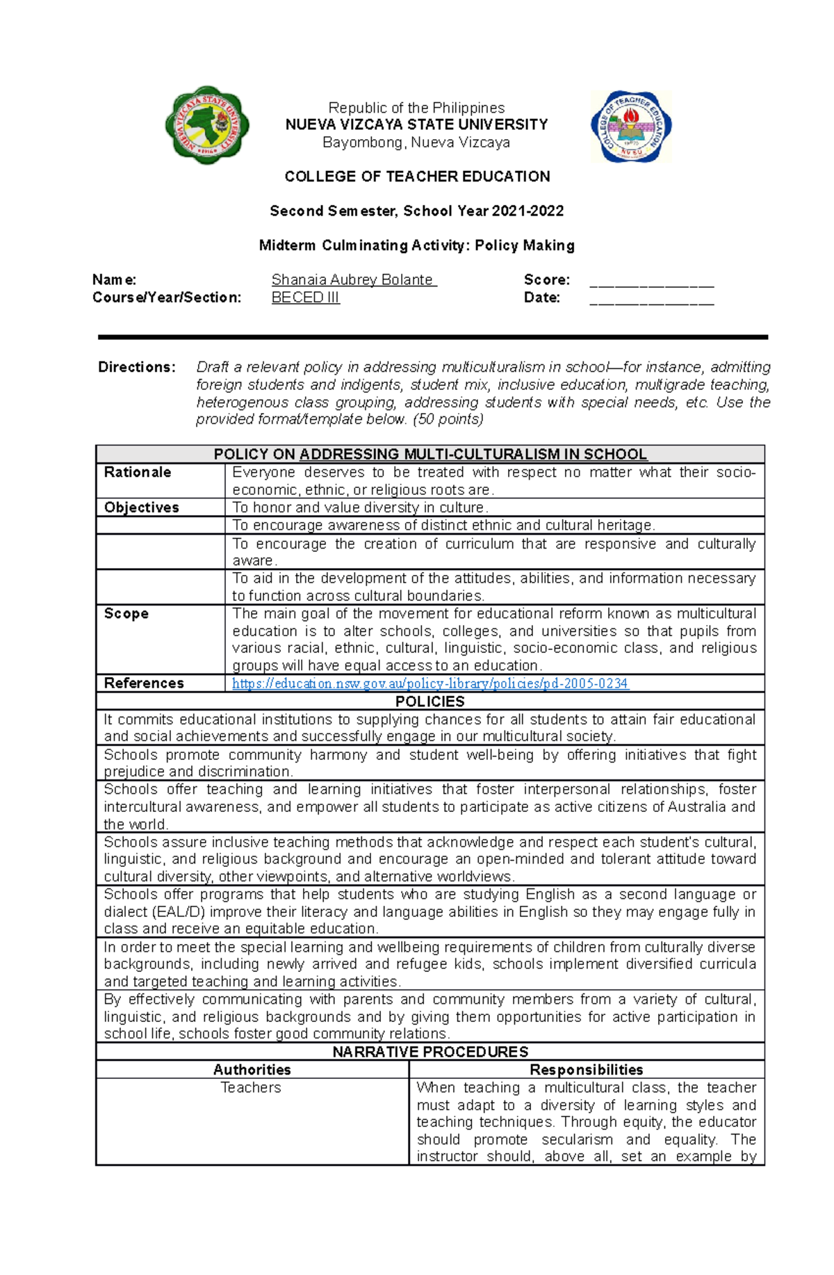 -Template- Midterm Culminating Activity- Policy Making 1 - Republic of the Philippines NUEVA ...