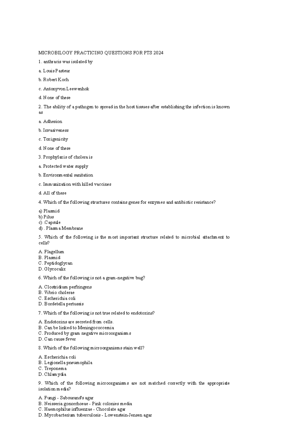 MICROBIOLOGY PRACTICE QUESTIONS FOR PTS 2024 - Studocu