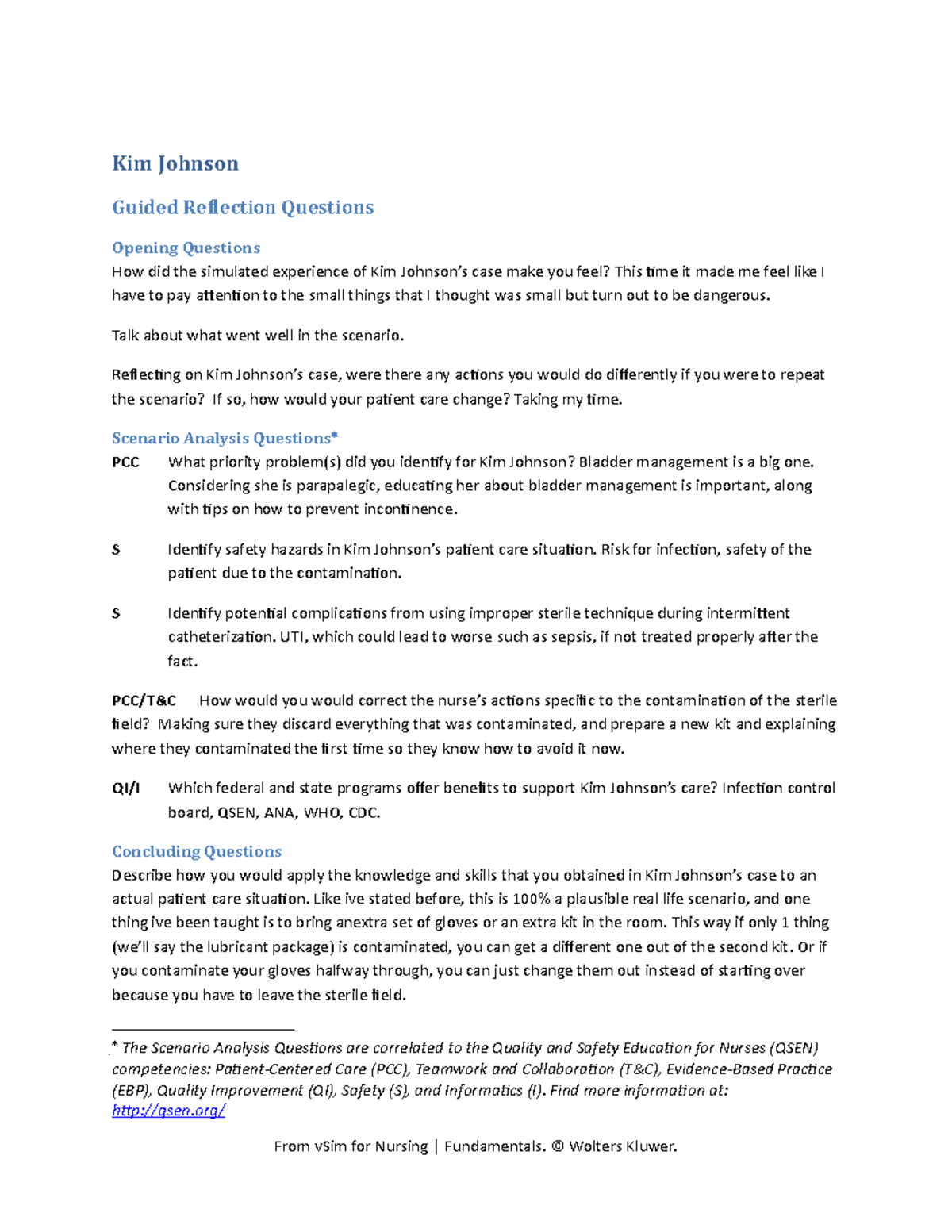 Vsim for Nursing | Kim Johnson Reflection & Scenario Analysis - Studocu