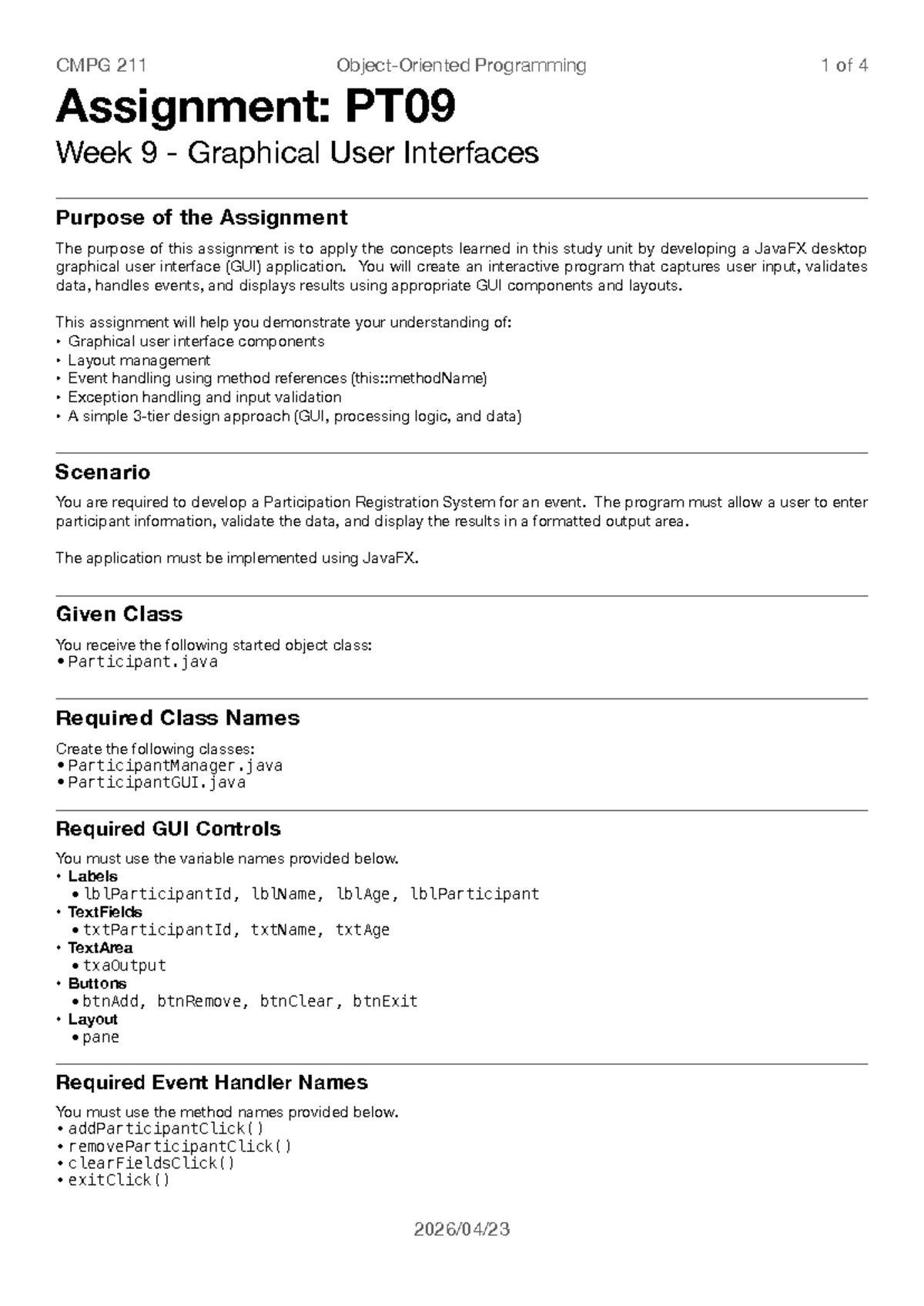 CMPG 211 Programming 1 Assignment: Week 9 GUI Development - Studocu