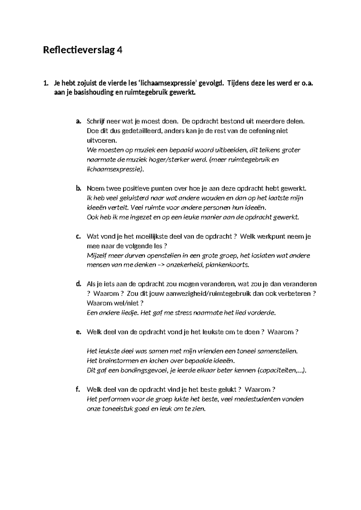 Reflectieverslag 4: Ruimtegebruik en Kracht in Lichaamsexpressie - Studocu