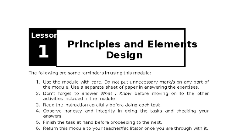 Grade 10 Lesson 1: Principles & Elements of Design - Studocu