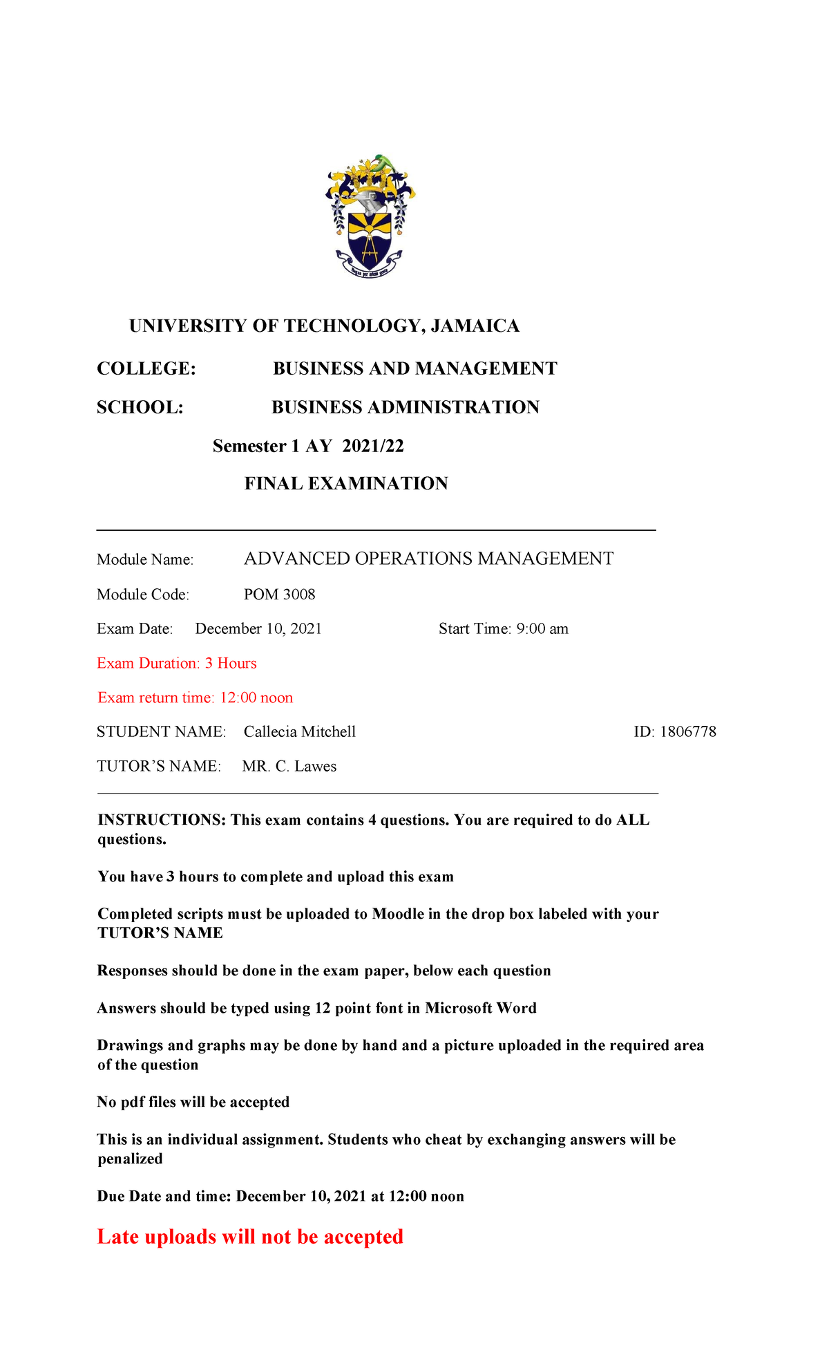 AOM 3008 Final Exam: Advanced Operations Management - Callecia Mitchell ...
