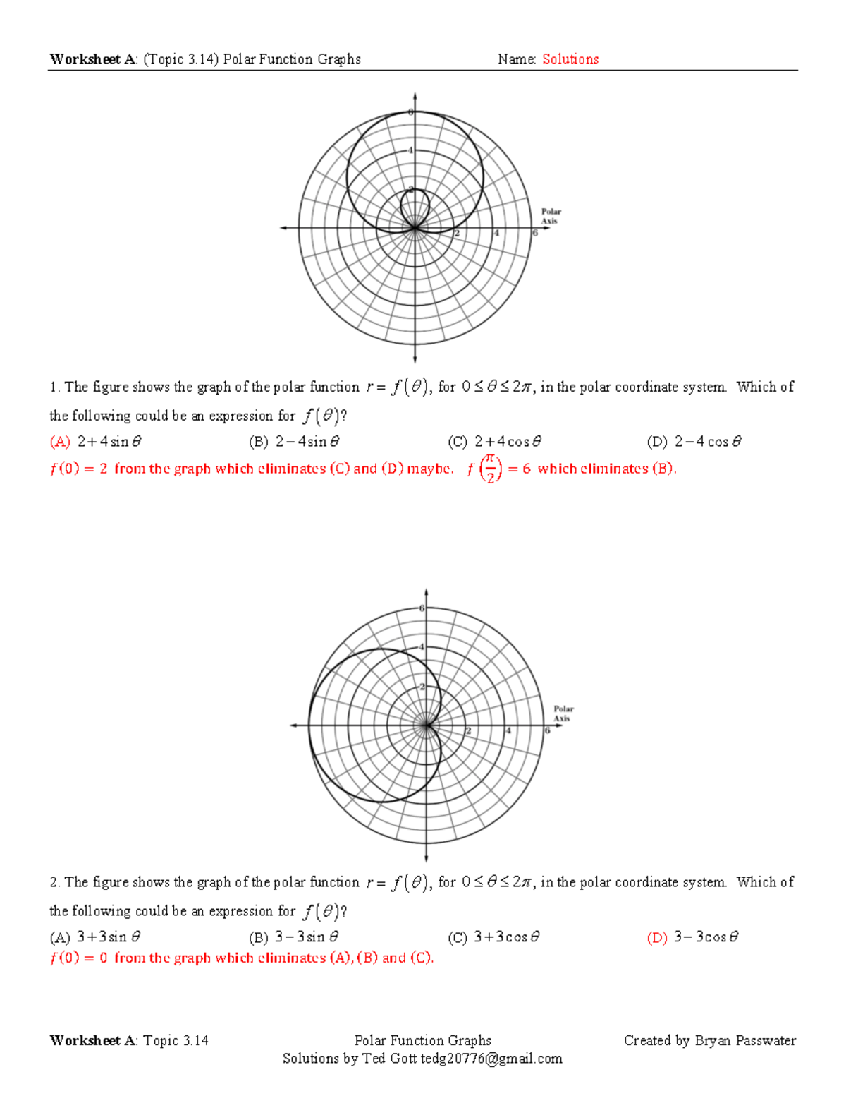 Worksheet A Key: Topic 3.14 Polar Function Graphs Solutions - Studocu