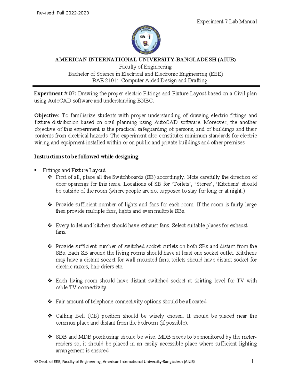 BAE 2101: CAD Experiment 07 Lab Manual - Electric Fittings Layout - Studocu