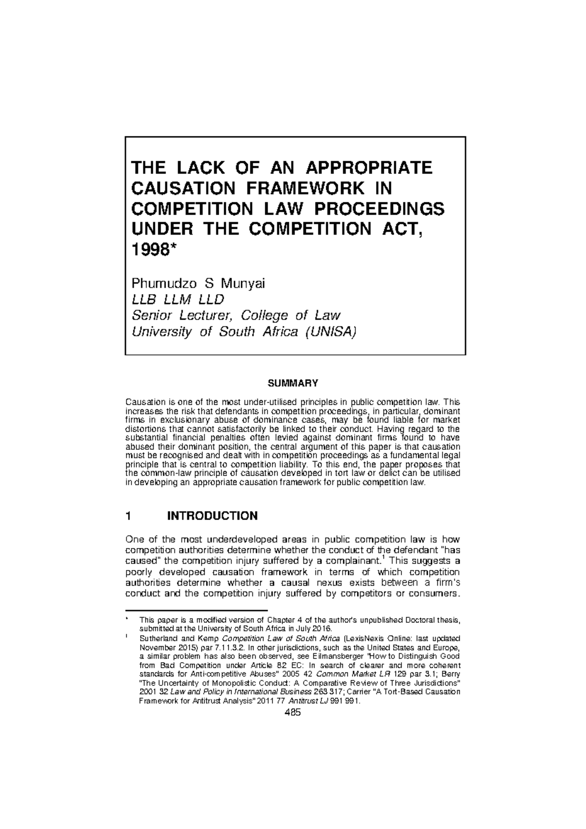 The Lack of an Appropriate Causation Framework in Competition Law (LLB ...