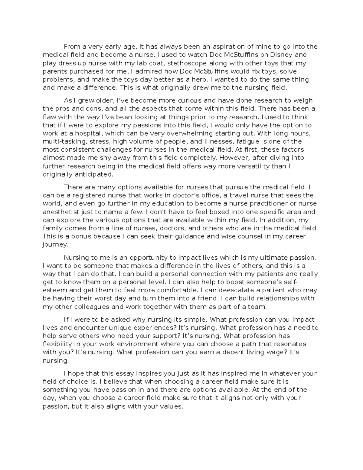 Nursing Aspirations: A Personal Journey - Essay Notes - Studocu