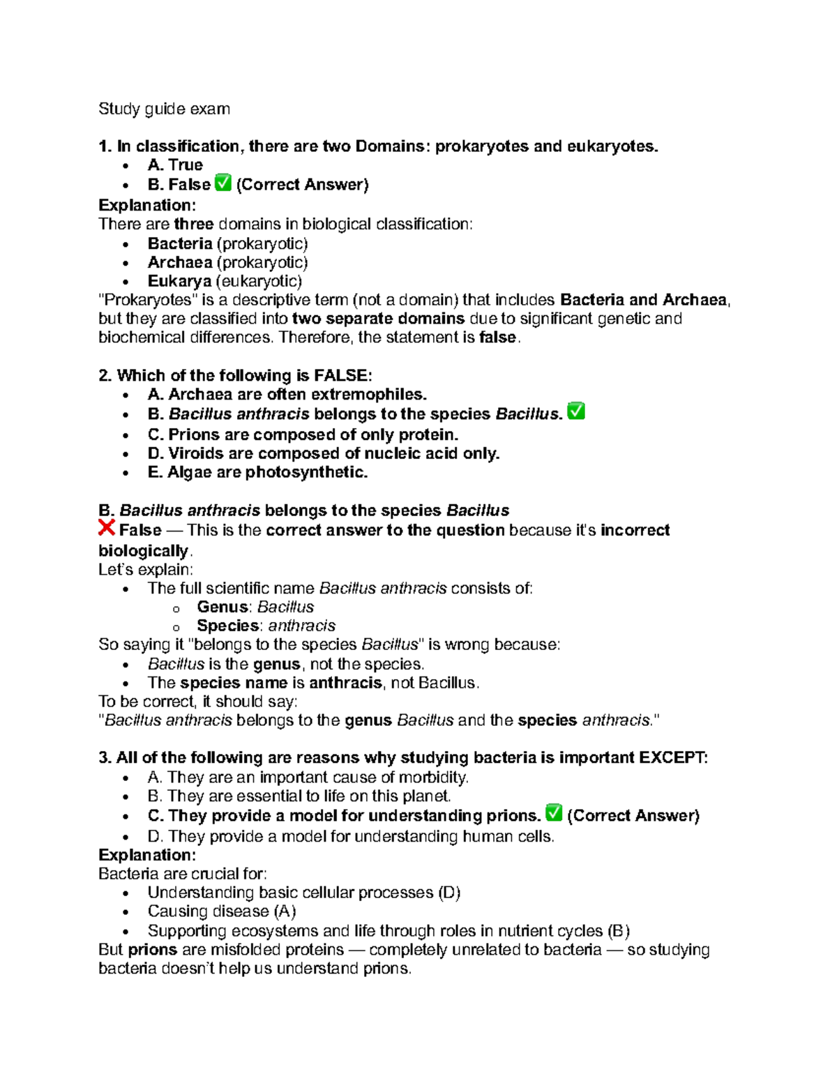 Study Guide: Exam 1 - Classification, Bacteria, and Genetics Concepts ...