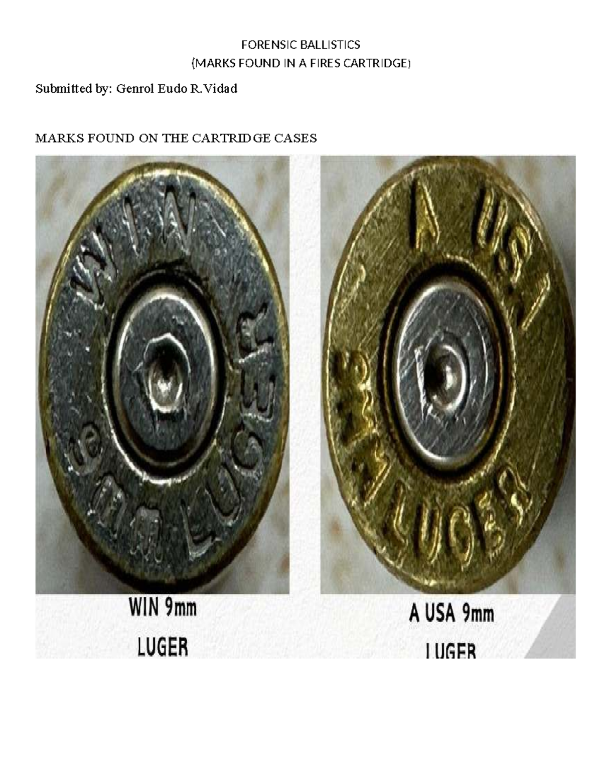 Forensic Ballistics Analysis: Marks on 9mm Luger Cartridges - Studocu