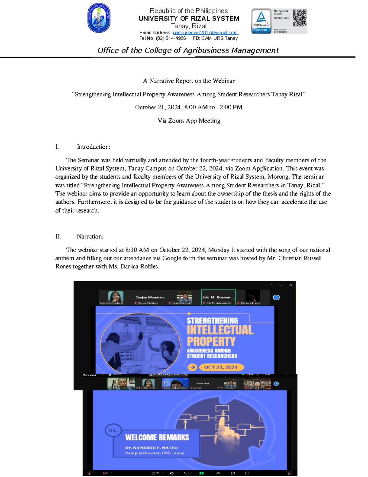 Narrative Report on the Webinar: IP Awareness for Students (2024) - Studocu