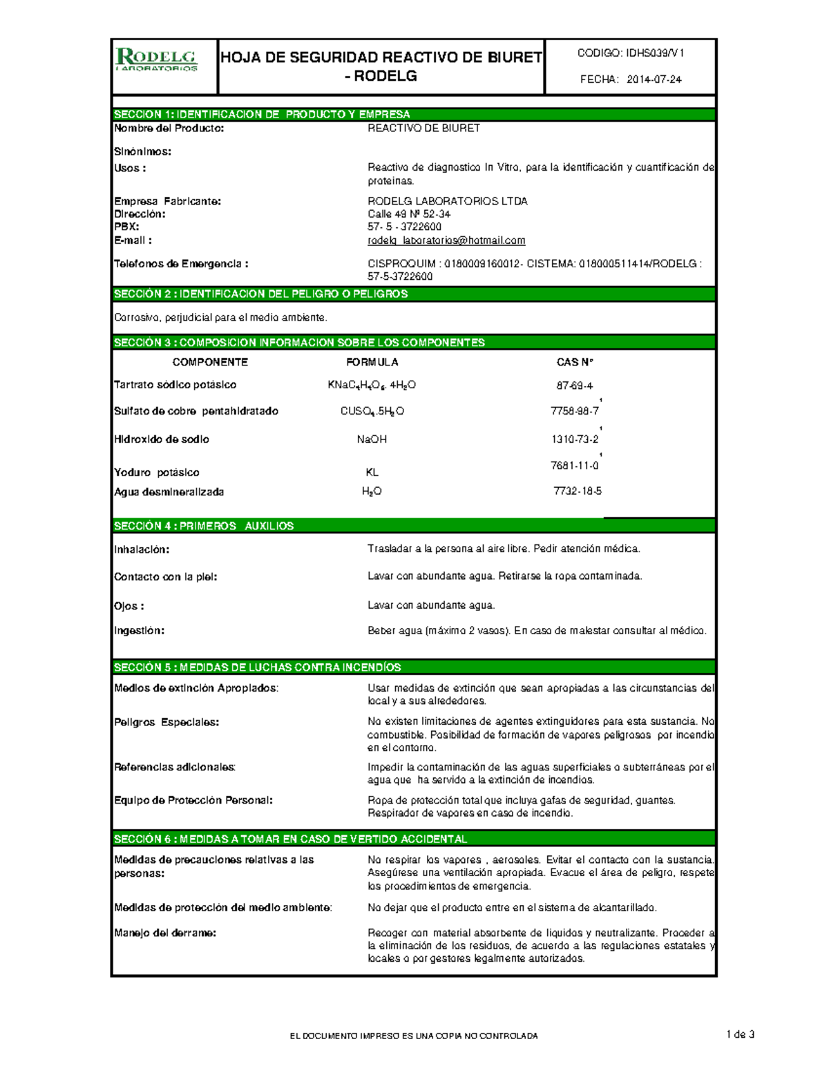 Ficha Reactivo-DE- Biuret - HOJA DE SEGURIDAD REACTIVO DE BIURET - RODELG CODIGO: IDHS039/V1 ...