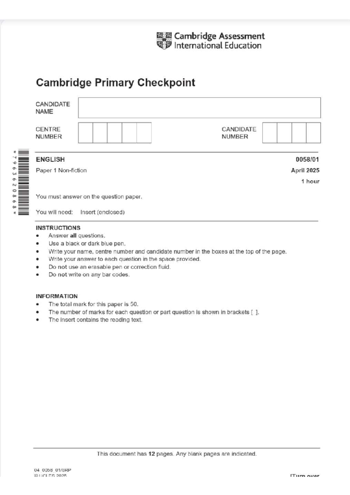 Cambridge Primary Checkpoint English Paper 1 - April 2025 - Studocu