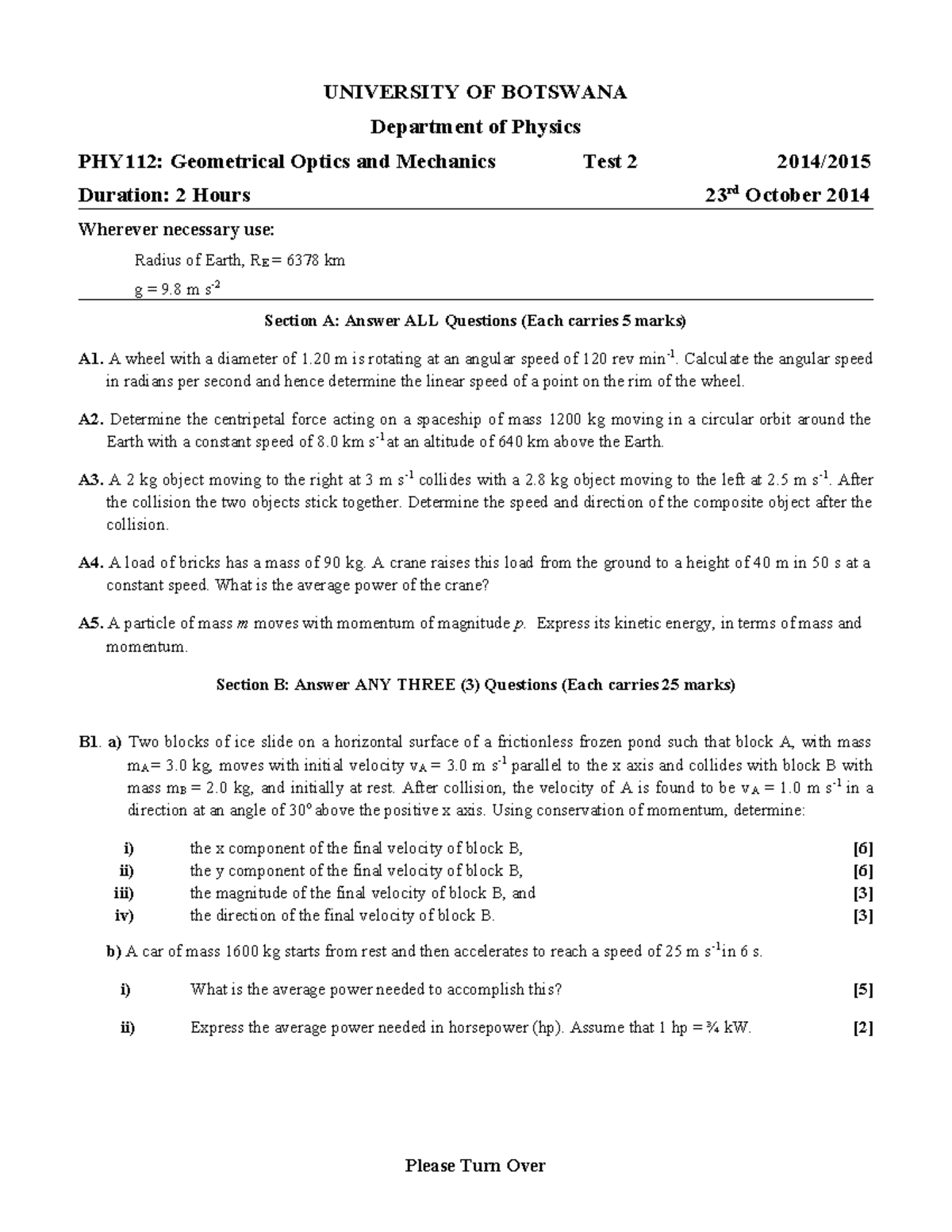 PHY112: Geometrical Optics & Mechanics Test 2 - 23 Oct 2014 - Studocu