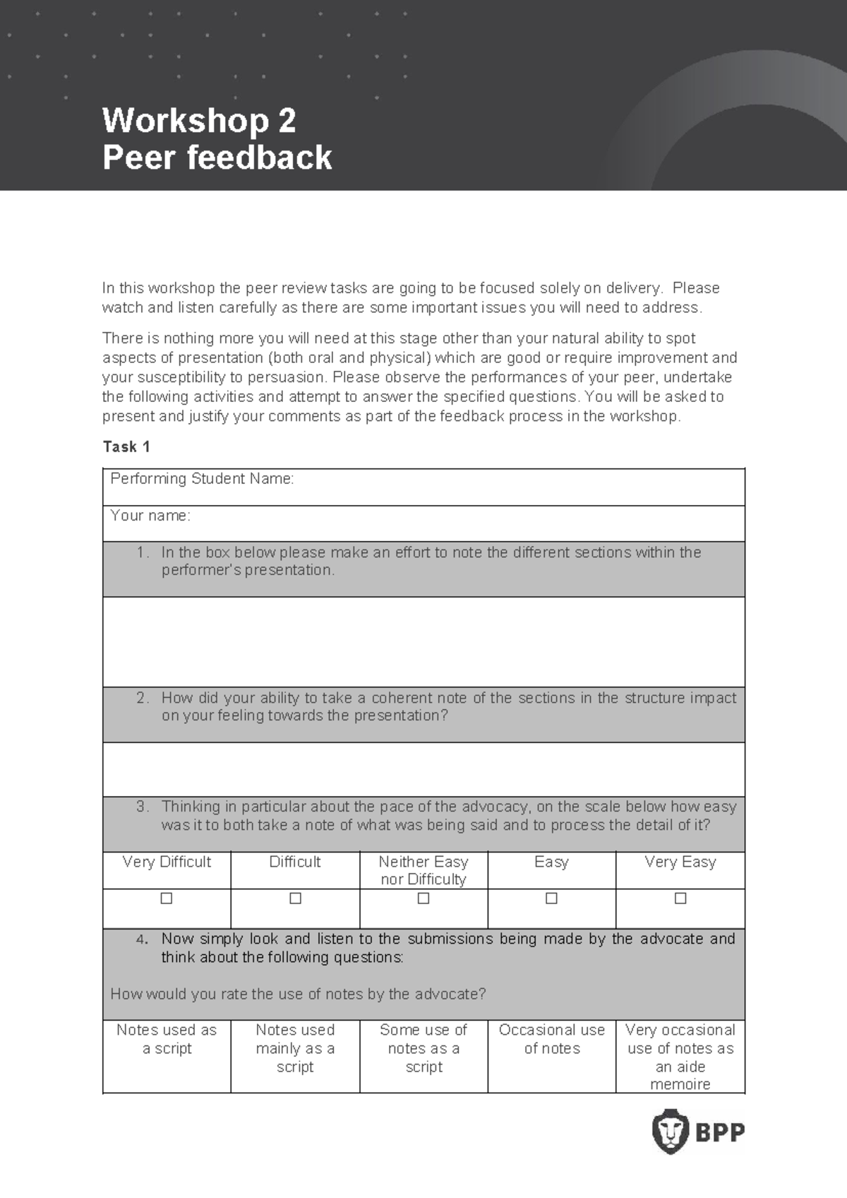 BTC1 Adv W2 Workshop 2 Peer Feedback Guidelines - Studocu