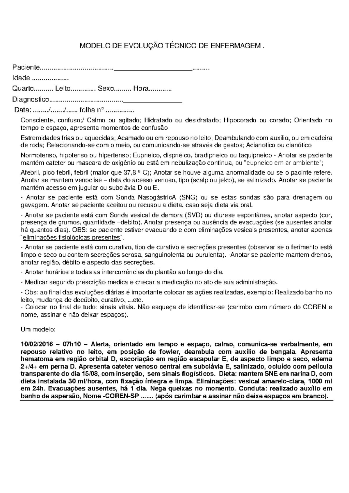 Modelo de Evolução Técnica de Enfermagem - Evolução da Enfermagem - Studocu