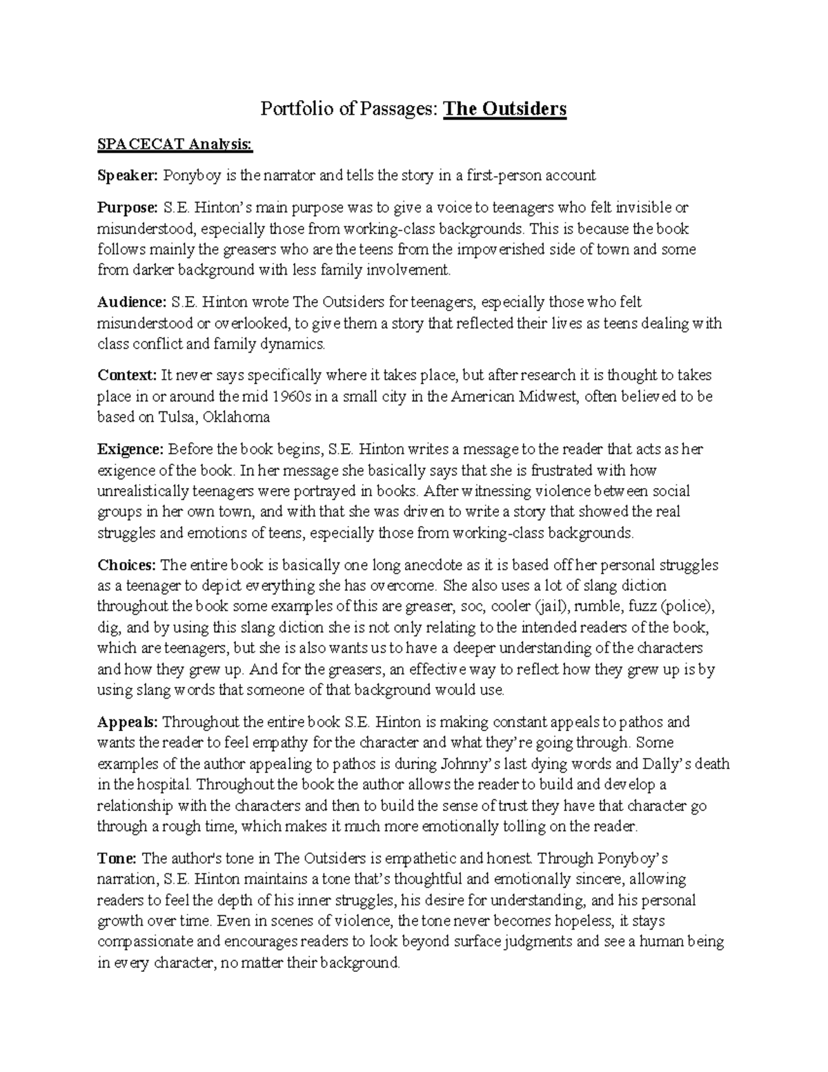 SPACECAT Analysis of The Outsiders: A Portfolio of Passages - Studocu