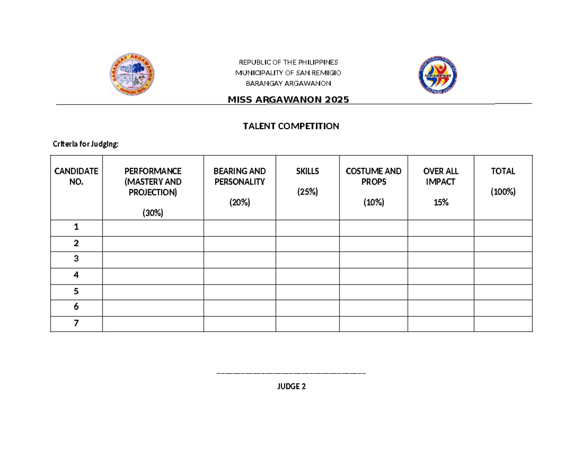 Miss Argawanon 2025: Final Criteria for Judging Competitions - Studocu