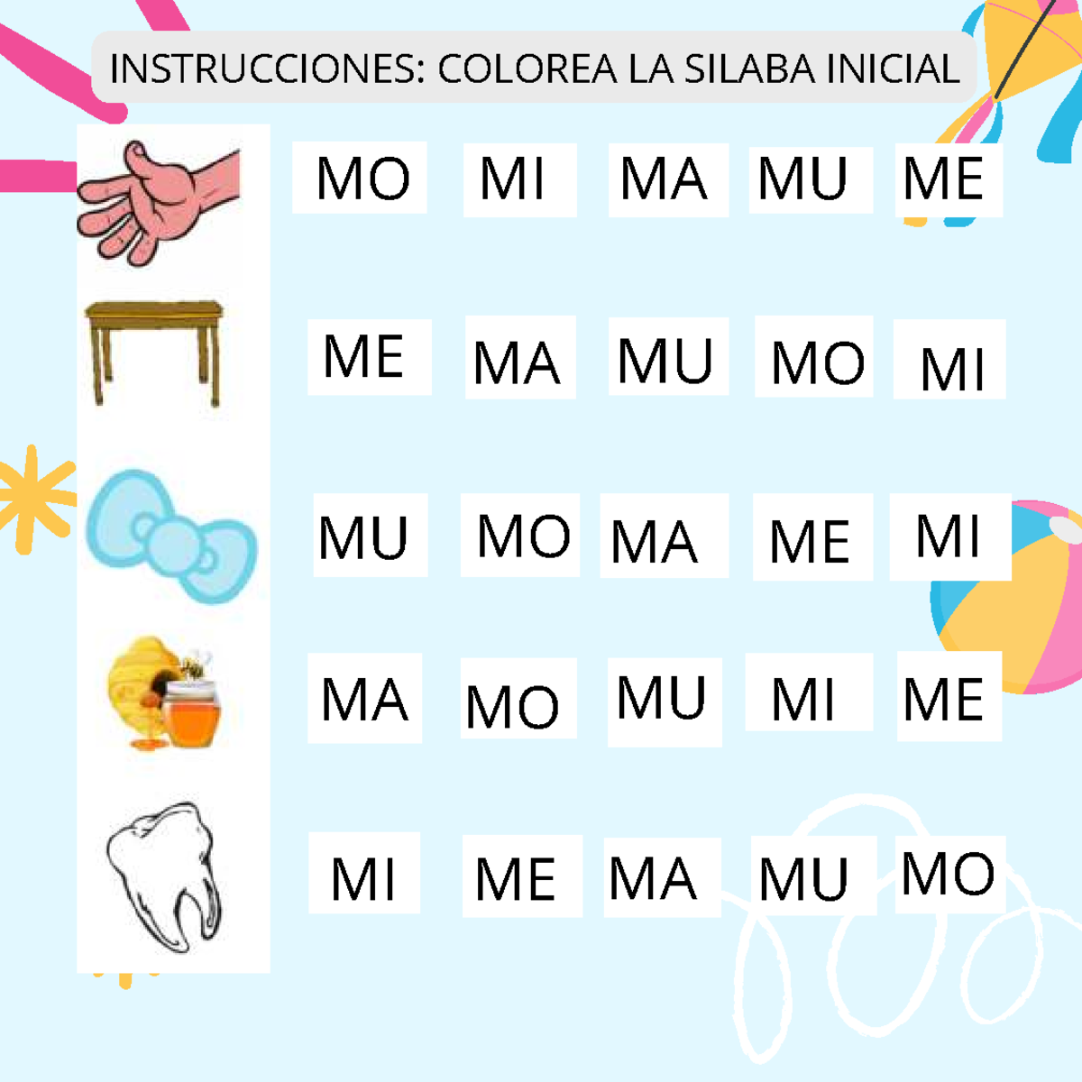Instrucciones: Colorea la Sílaba Inicial (Silaba Inicial Mayuscula ...