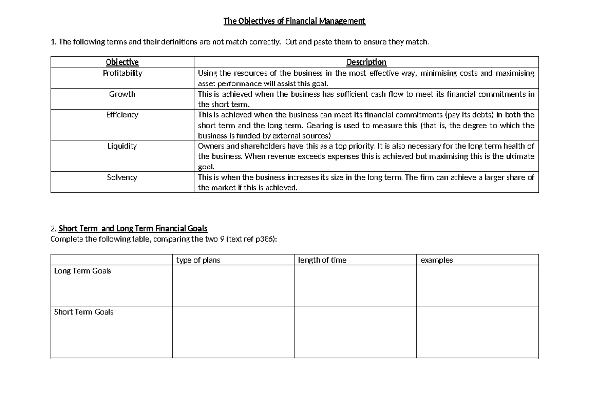 Financial Management Objectives: Key Terms & Goals Analysis - Studocu
