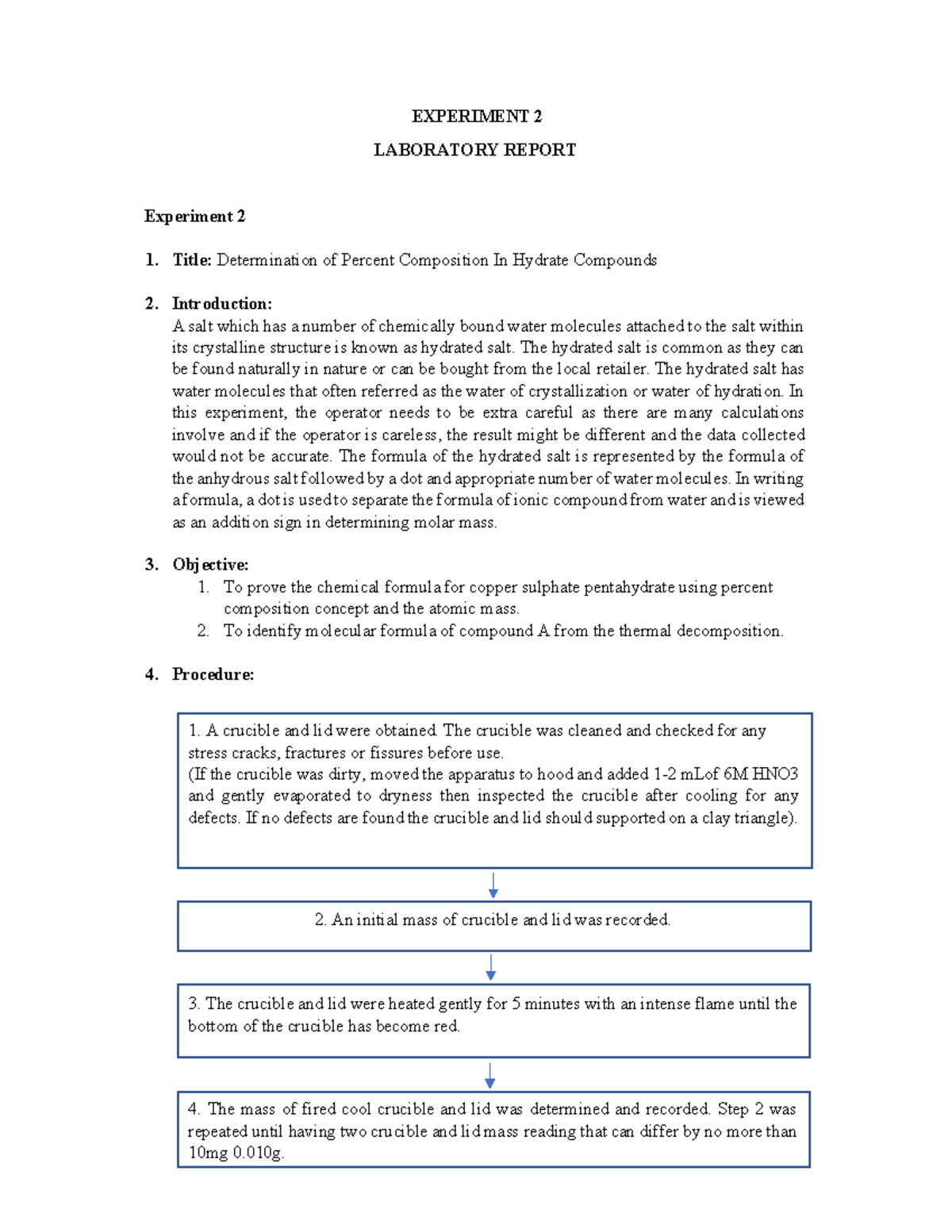 CHM 138 - Lab Report: Determining Percent Composition in Hydrates - Studocu
