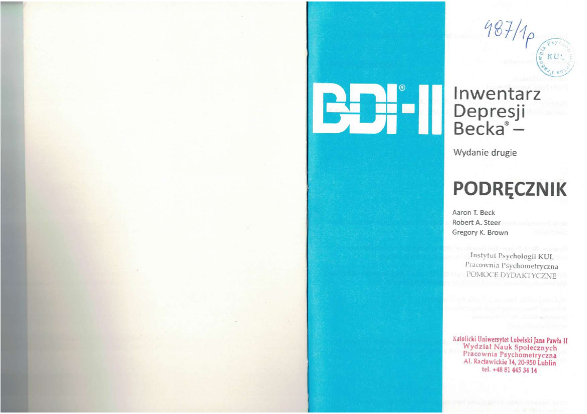 BDI-II Podręcznik: Wydanie Drugie Inwentarz Depresji Becka - Studocu