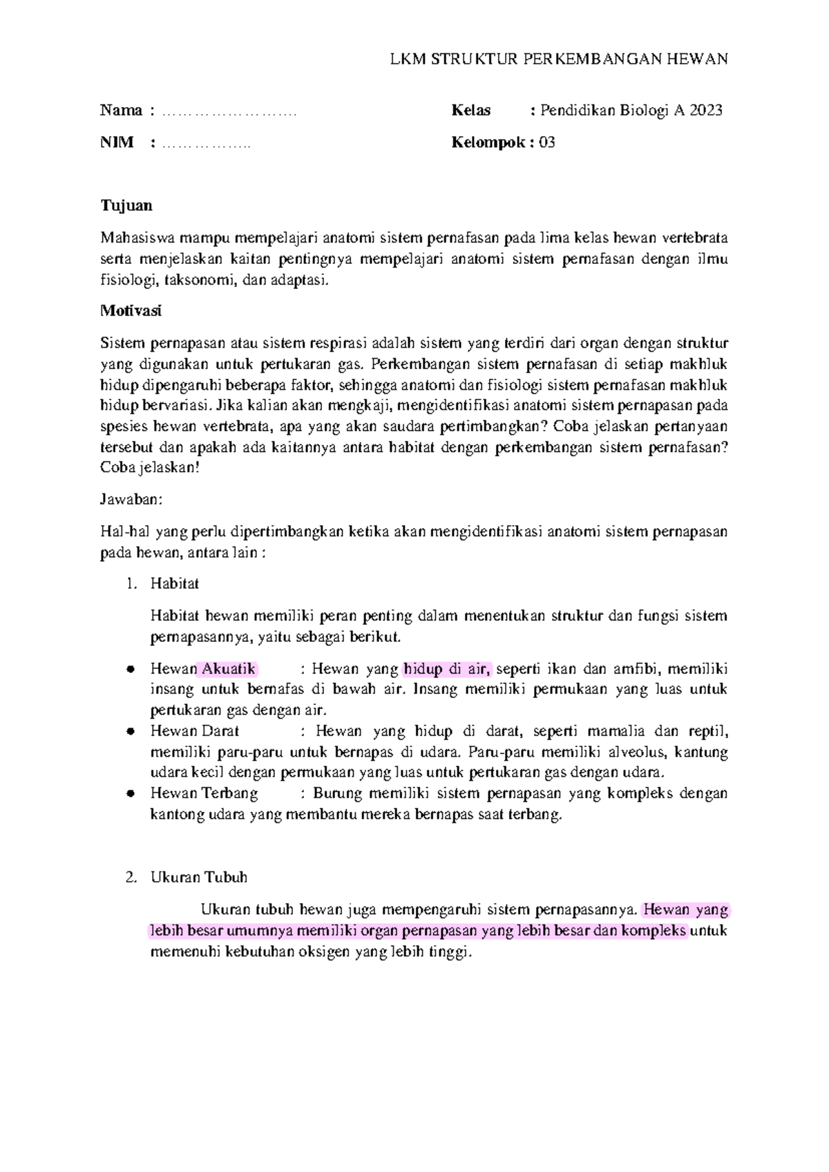 LKM SISTEM RESPIRASI HEWAN VERTEBRATA - BIOLOGI A 2023 - Studocu