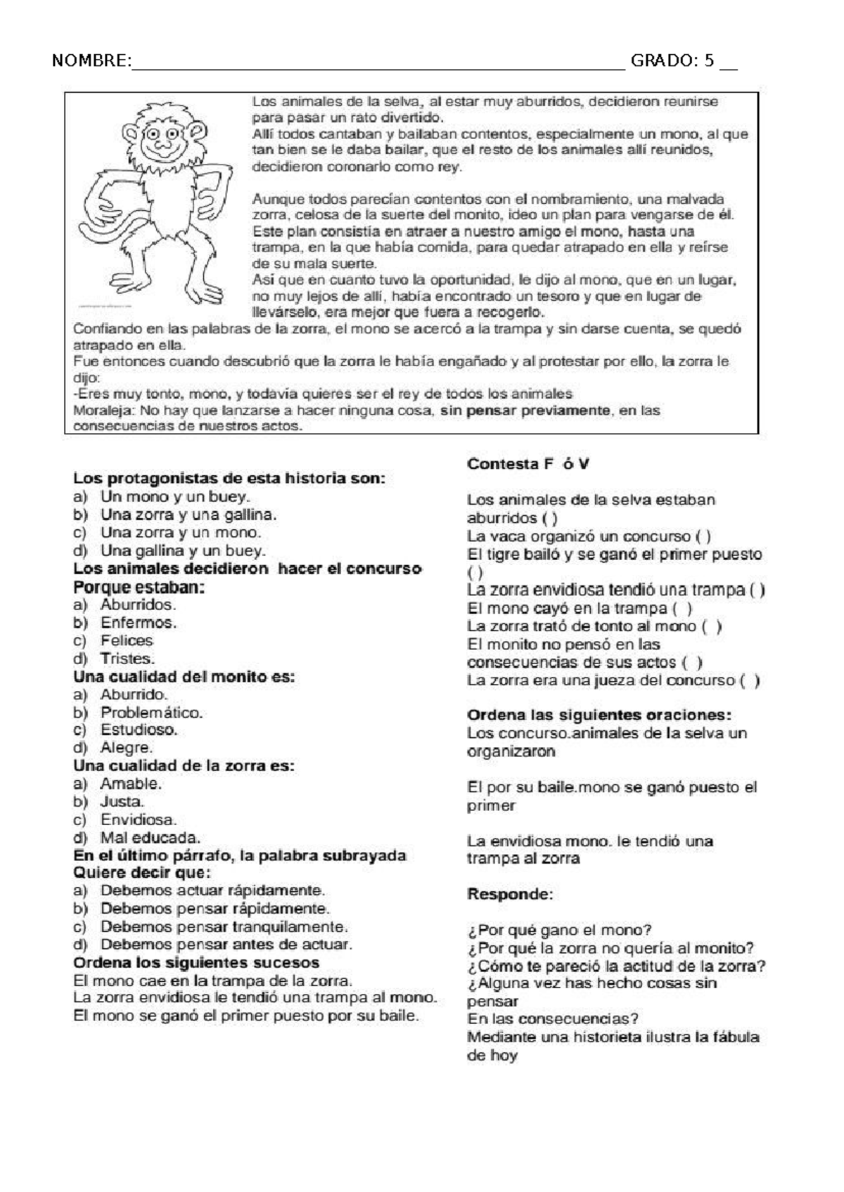 Compresión de Lectura: Fábula del Mono y la Zorra 5-2026 - Studocu