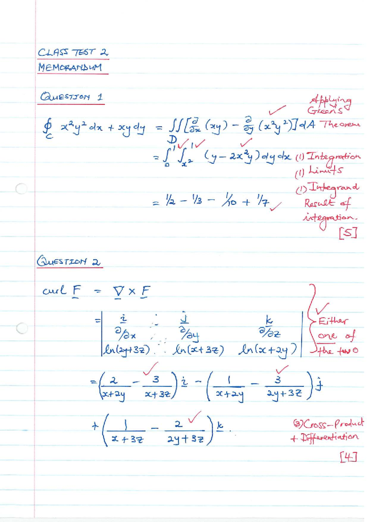 MTHS221 Class Test 2 2024 Memorandum: Integration & Differentiation ...