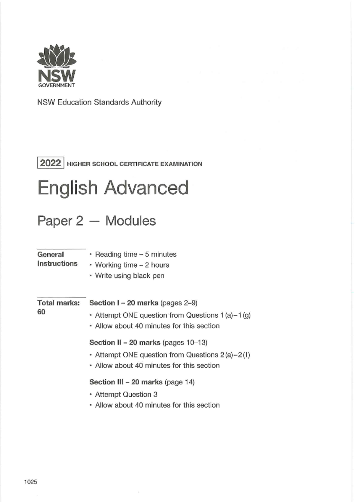 2022 HSC English Advanced Paper 2 Exam Modules Overview - Studocu