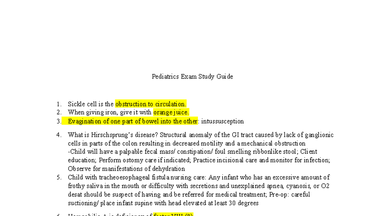 Pediatrics Exam Study Guide: Key Concepts and Nursing Care - Studocu
