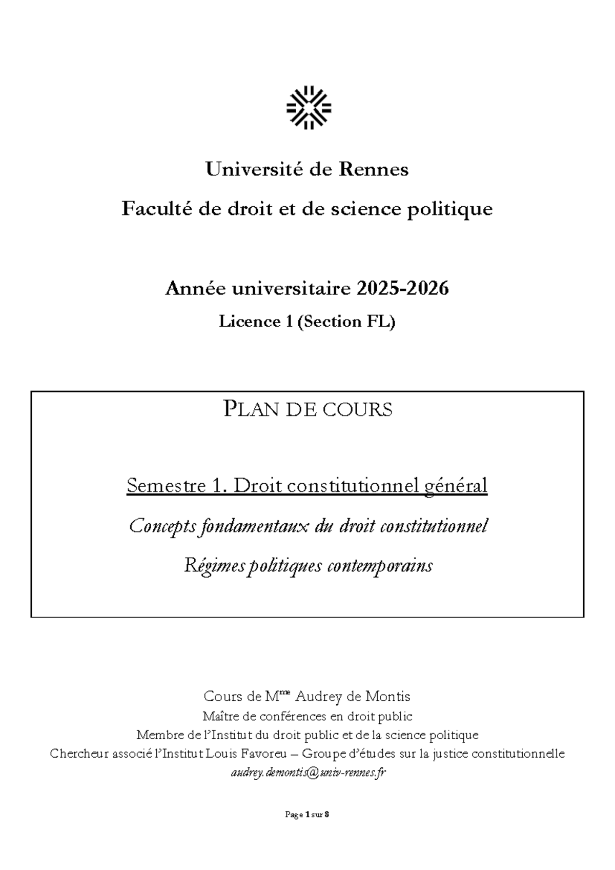 Plan de Cours Droit Constitutionnel Général - Licence 1 (FL) 2025-2026 - Studocu