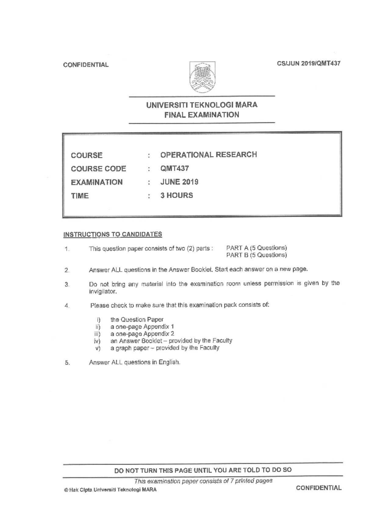 QMT437 Final Exam Paper: Operational Research June 2019 - Studocu