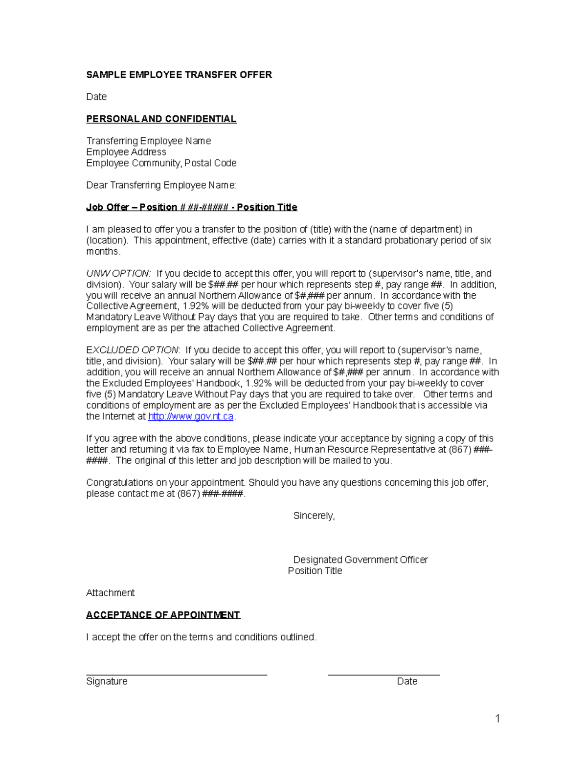 Employee Transfer Offer Letter Template - SAMPLE EMPLOYEE TRANSFER ...