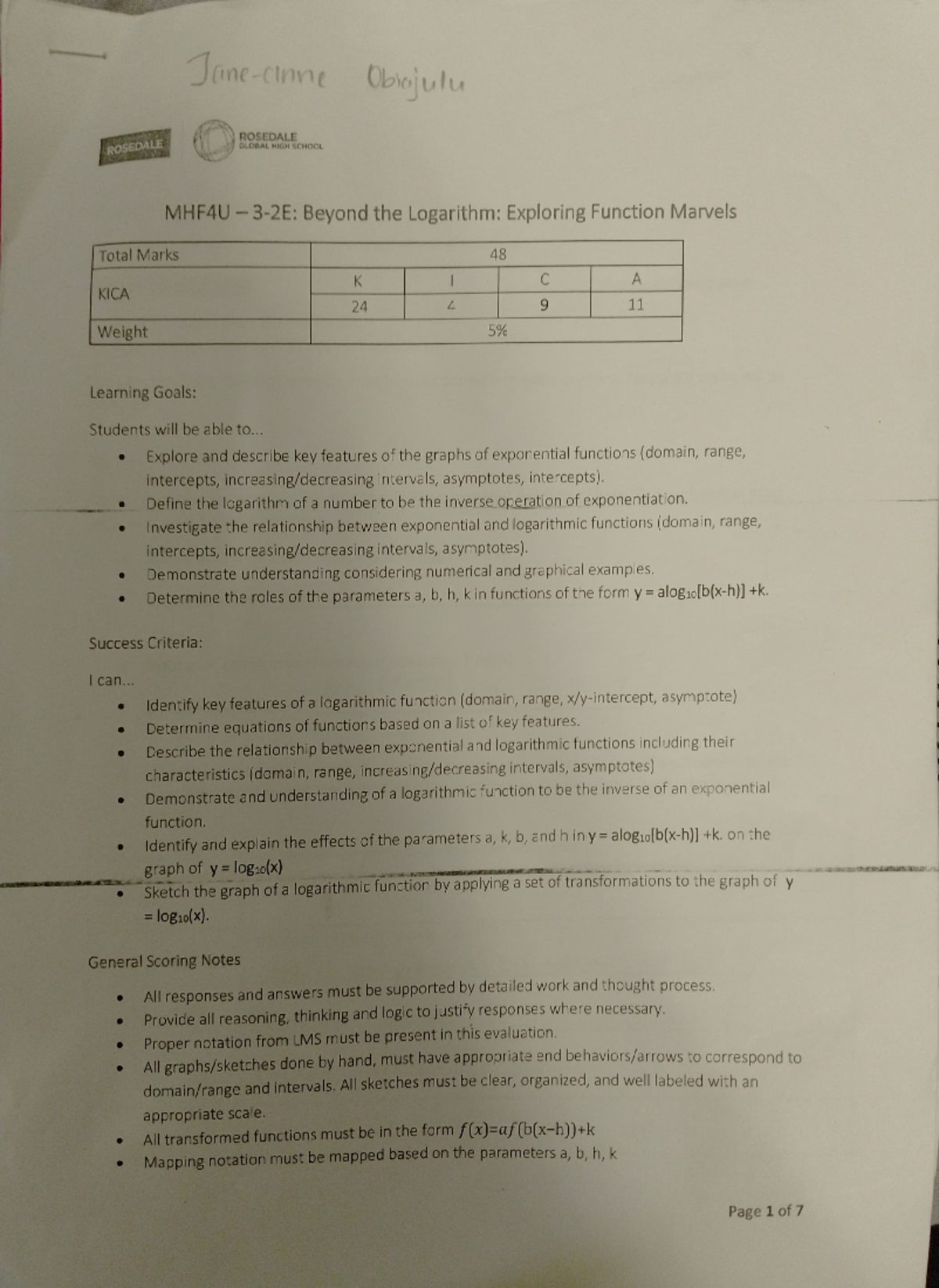 MHF4U - 3-2E: Understanding Exponential & Logarithmic Functions - Studocu