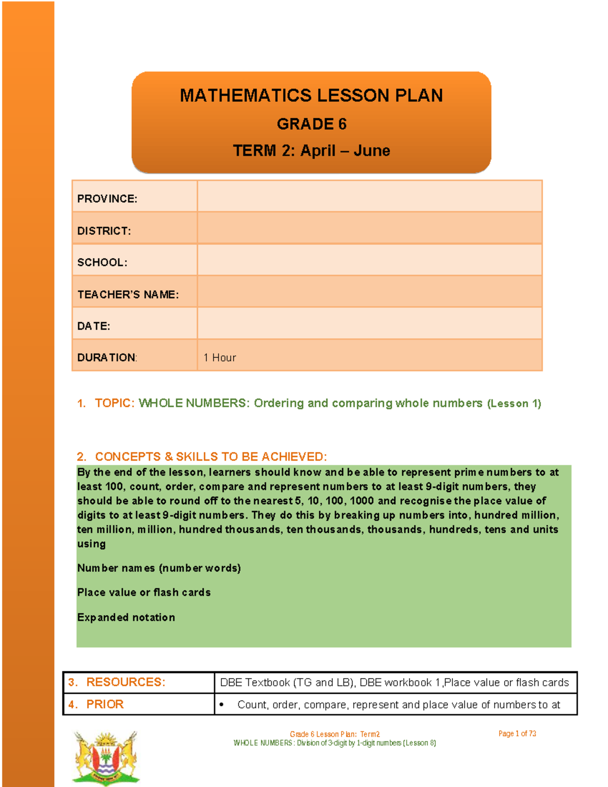 MATHEMATICS LESSON PLAN GRADE 6 TERM 2: WHOLE NUMBERS Concepts & Skills ...