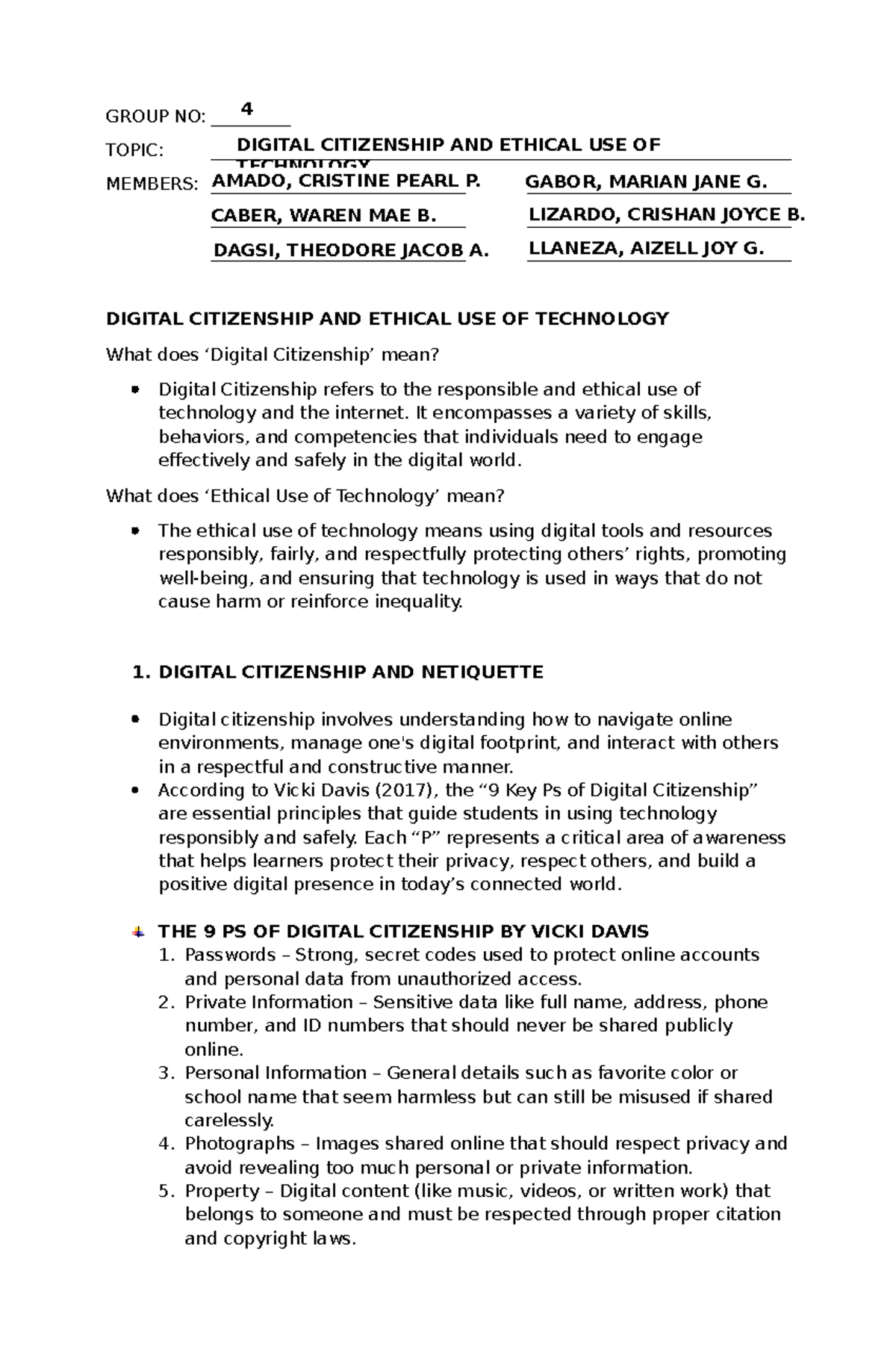 Group 4 Report: Digital Citizenship & Ethical Tech Use - Studocu