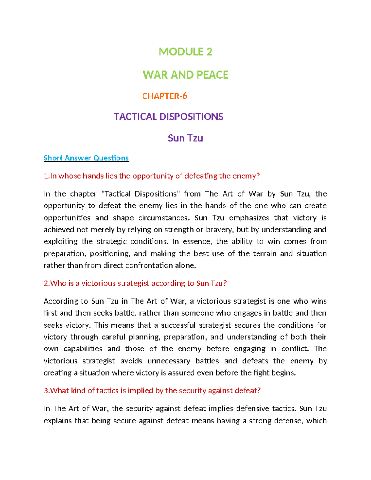 MODULE 2 ENG NOTES: War and Peace Tactics in Sun Tzu's Art of War - Studocu