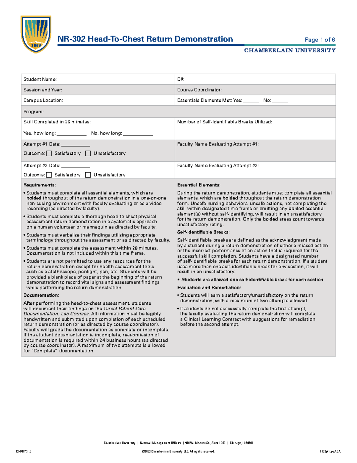 NR302 Head-to-Chest Return Demonstration - Chamberlain University | National Management O ces ...