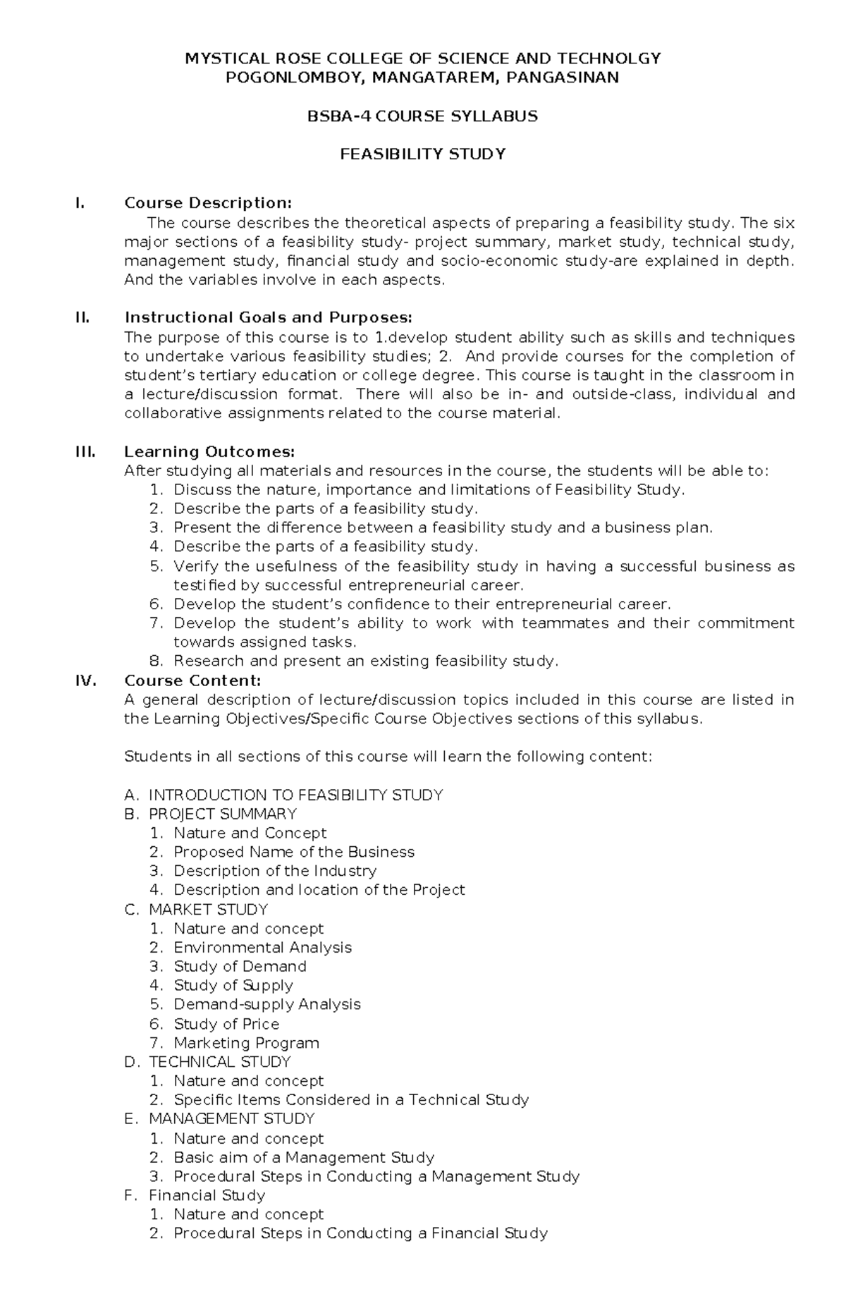 Feasibility Study Syllabus - BSBA-4 Course Overview and Goals - Studocu