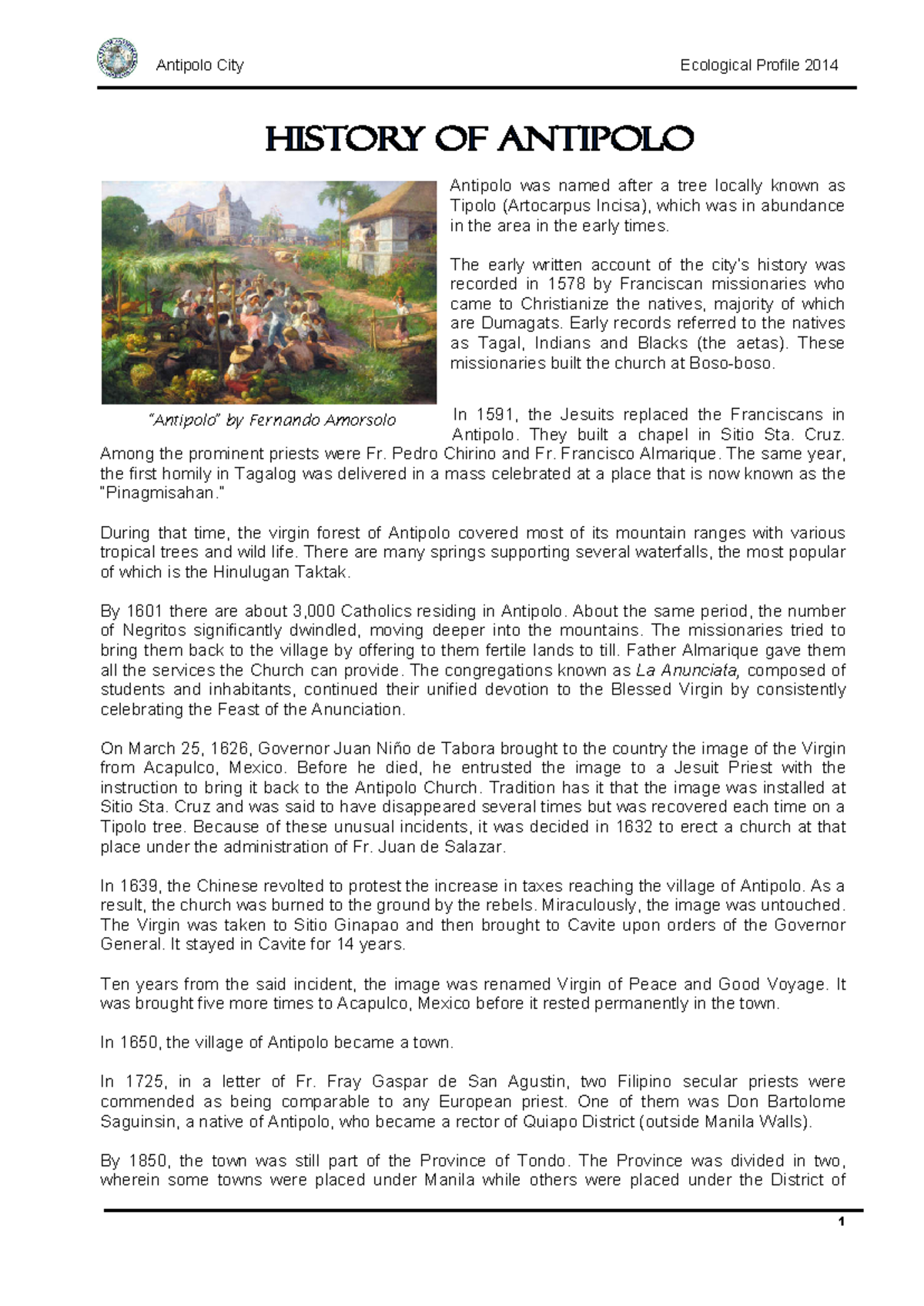 Antipolo City Eco Profile 2014: Historical Insights and Geography - Studocu