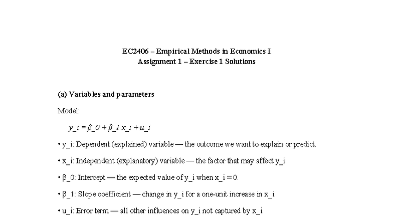 EC2406 Empirical Methods in Economics I Assignment 1 Exercise 1 ...