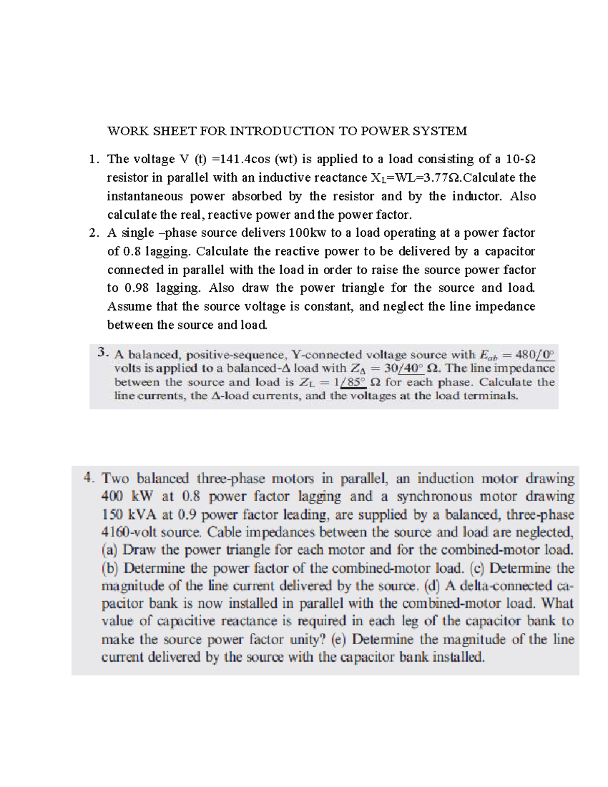 WORK SHEET FOR INTRODUCTION TO POWER SYSTEM 1 (PWR 101) - Studocu