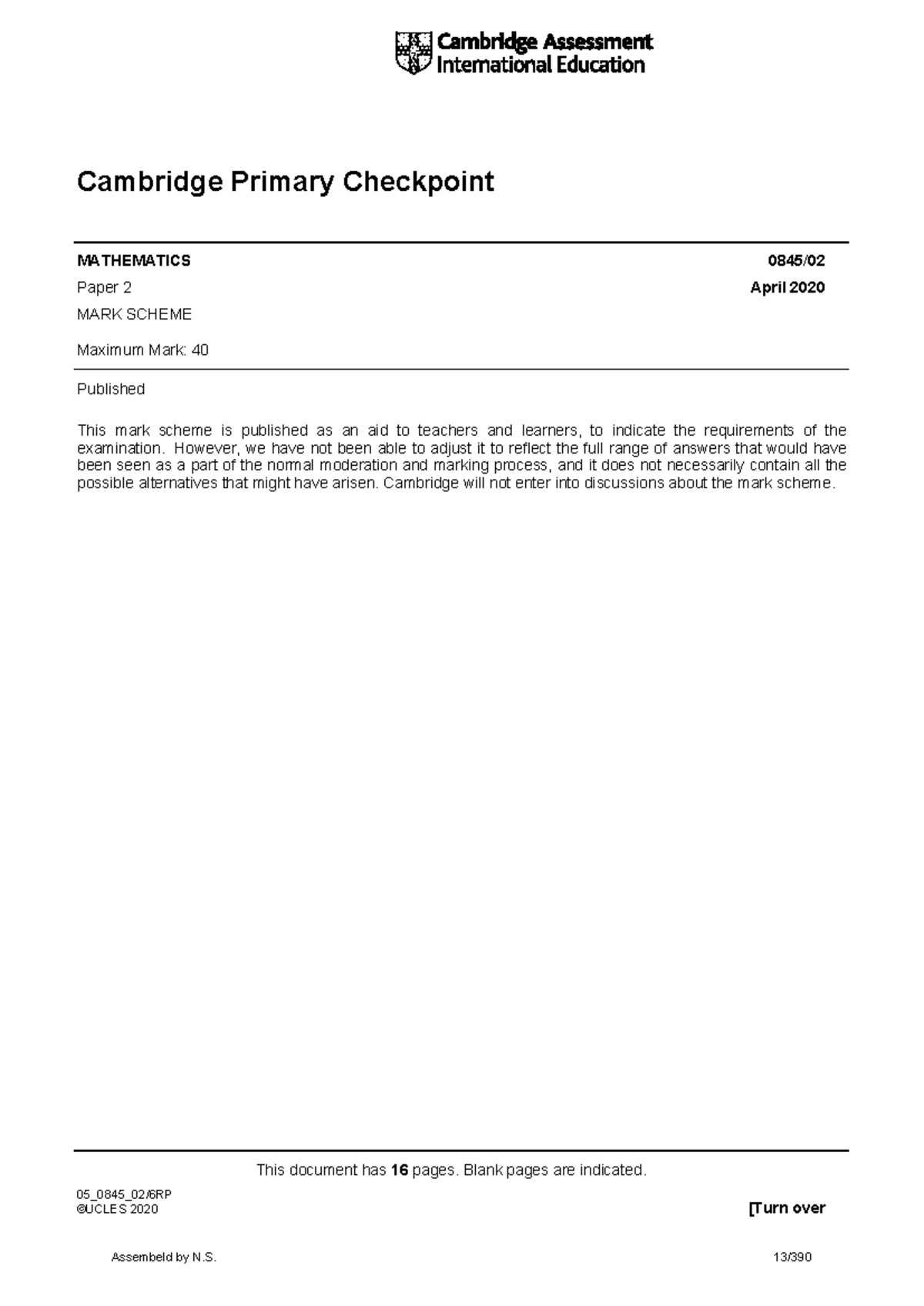 Cambridge Primary Checkpoint Mathematics April 2020 Paper 2 Mark Scheme ...